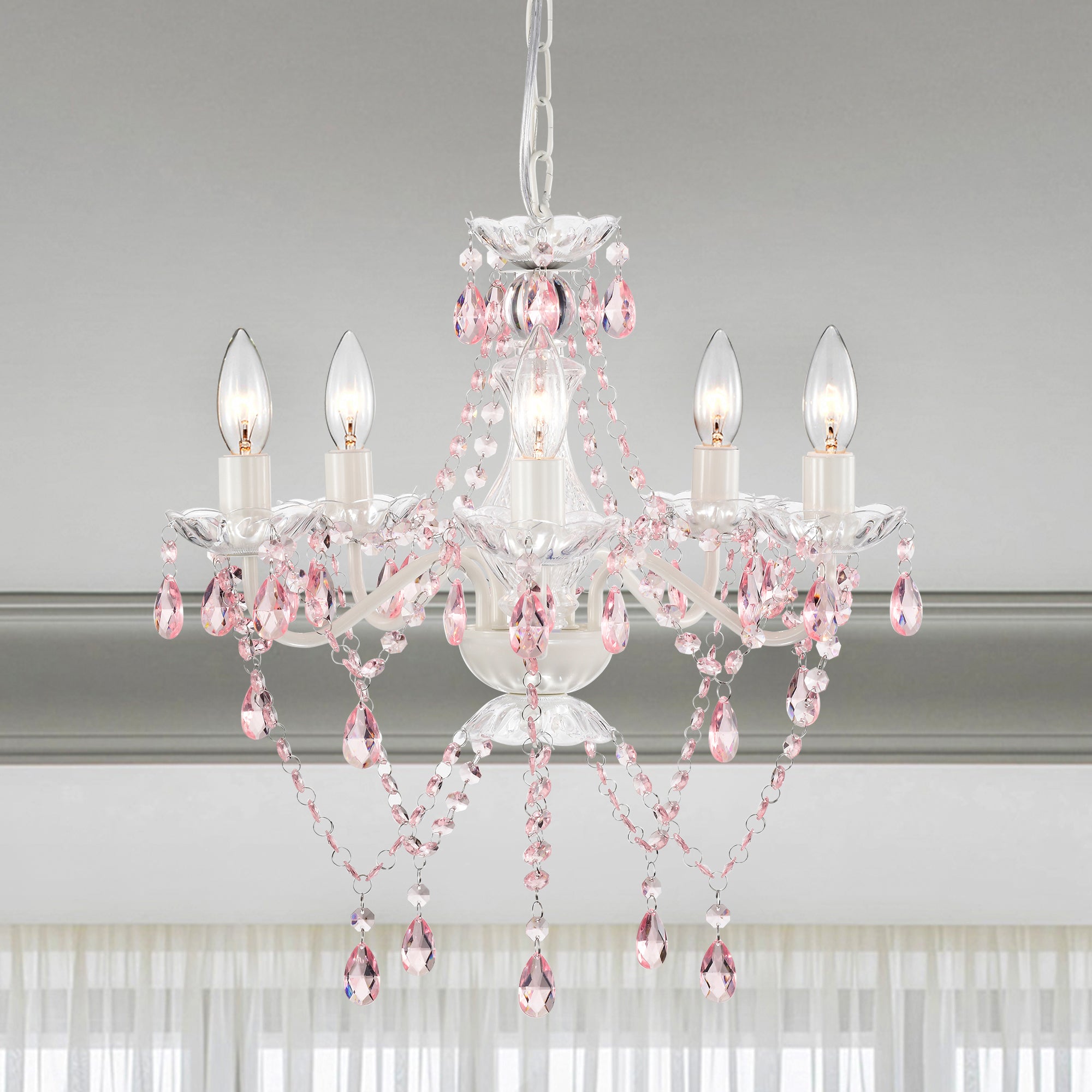 White Chandeliers 5-Light Pink Crystal Chandelier for Girls Room ...